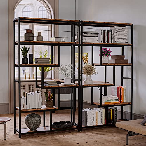 IRONCK Bookshelves and Bookcases 6-Shelf Etagere Bookcase, Industrial Open Display Shelves Geometric Bookcase with Sturdy Metal Frame,Vintage Brown