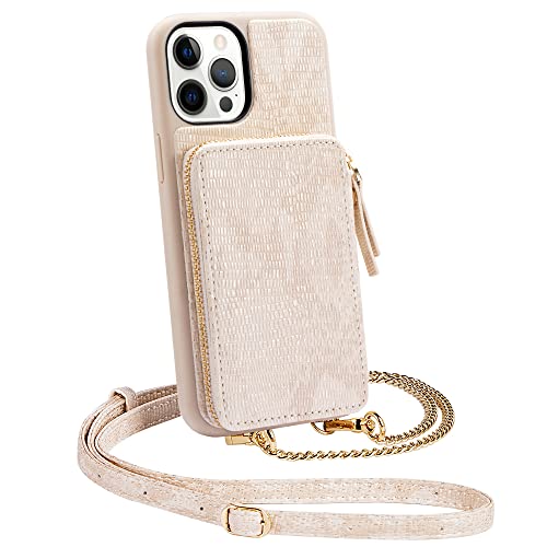 ZVEdeng Wallet Case for iPhone 12 Pro Max, Zipper Wallet Card Holder Case with Crossbody Chain Wrist Strap Leather Handbag for Women Protective Case for iPhone 12 Pro Max 6.7'' Lizard Skin Apricot