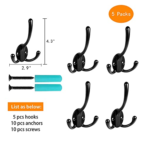 shelwe Wall Mounted Black Coat Hooks 5 Pack Heavy Duty Single Hook Decorative for Hanging Coats Backpack Towel Hat Robe Closet Bag Bathroom Kitchen Classroom