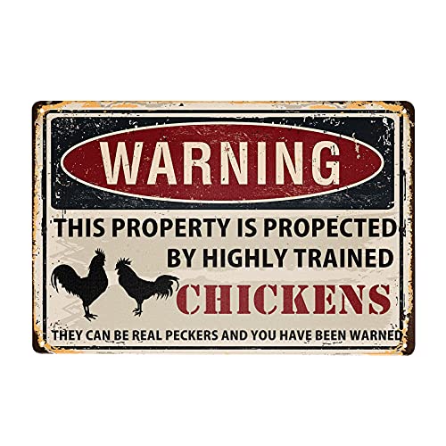 Chicken Sign Funny Warning Property Protected by Chickens Tin Sign 11.8x7.9 Inches Chicken Coop Decor Sign For Home Farmhouse Garden Wall Decoration Idea Gifts For Friends