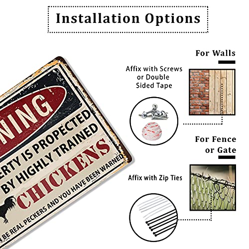 Chicken Sign Funny Warning Property Protected by Chickens Tin Sign 11.8x7.9 Inches Chicken Coop Decor Sign For Home Farmhouse Garden Wall Decoration Idea Gifts For Friends