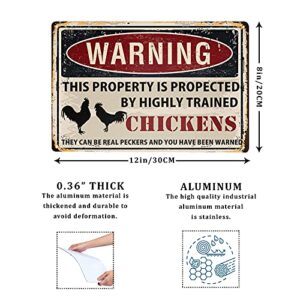 Chicken Sign Funny Warning Property Protected by Chickens Tin Sign 11.8x7.9 Inches Chicken Coop Decor Sign For Home Farmhouse Garden Wall Decoration Idea Gifts For Friends