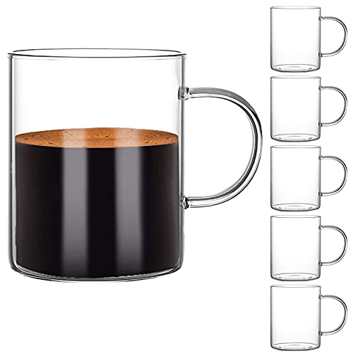 Glass Coffee Mugs Set of 6, Aoeoe 15 oz Large Coffee Mug, Wide Mouth Glass Mugs, Mocha Hot Beverage Mugs, Clear Espresso Cups with Handle, Glass Cup for Hot or Cold Latte, Cappuccino, Tea, Juice, Beer