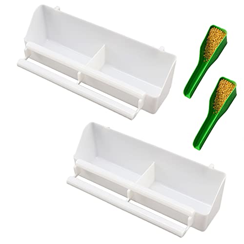 Lucky Interests 2pcs Bird Feeder, Pet Bird Food Double Plastic Seed Water Feeder Dispenser Standing Frame Plastic Food Feeder Cup for Parrots Cockatiel Pigeon Sparrow Bird Cage Bowl with 2 Bird Spoons