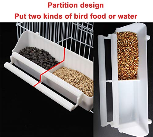 Lucky Interests 2pcs Bird Feeder, Pet Bird Food Double Plastic Seed Water Feeder Dispenser Standing Frame Plastic Food Feeder Cup for Parrots Cockatiel Pigeon Sparrow Bird Cage Bowl with 2 Bird Spoons