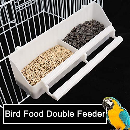 Lucky Interests 2pcs Bird Feeder, Pet Bird Food Double Plastic Seed Water Feeder Dispenser Standing Frame Plastic Food Feeder Cup for Parrots Cockatiel Pigeon Sparrow Bird Cage Bowl with 2 Bird Spoons