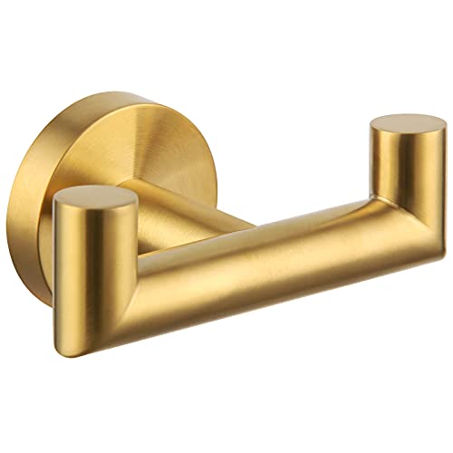 APLusee Double Robe Towel Hook, 304 Stainless Steel Dual Coat Hook Hanger, Utility Bathroom Toliet Kitchen Storage Holder Gorgeous Style, Brushed Gold…