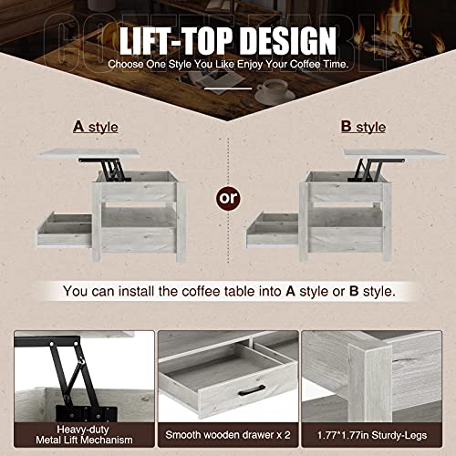 Rolanstar Coffee Table, Lift Top Coffee Table with Drawers and Hidden Compartment, Retro Central Table with Wooden Lift Tabletop, for Living Room,Grey