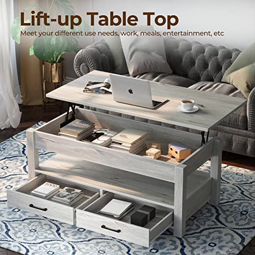 Rolanstar Coffee Table, Lift Top Coffee Table with Drawers and Hidden Compartment, Retro Central Table with Wooden Lift Tabletop, for Living Room,Grey