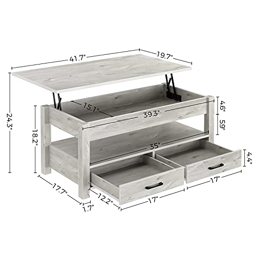 Rolanstar Coffee Table, Lift Top Coffee Table with Drawers and Hidden Compartment, Retro Central Table with Wooden Lift Tabletop, for Living Room,Grey