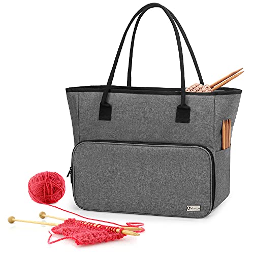 YARWO Knitting Crochet Bag, Yarn Storage Tote Bag for WIP Projects, Yarn Skeins, Crochet Hooks and Knitting Needles, Gray (Bag Only, Patent Pending)