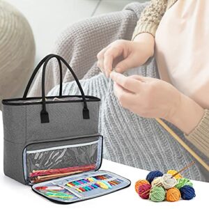 YARWO Knitting Crochet Bag, Yarn Storage Tote Bag for WIP Projects, Yarn Skeins, Crochet Hooks and Knitting Needles, Gray (Bag Only, Patent Pending)