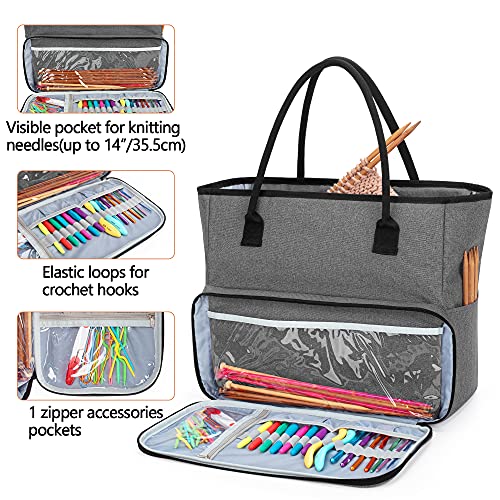 YARWO Knitting Crochet Bag, Yarn Storage Tote Bag for WIP Projects, Yarn Skeins, Crochet Hooks and Knitting Needles, Gray (Bag Only, Patent Pending)