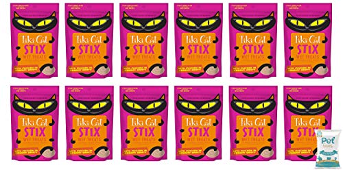 (12 Pack, 72 Stix) Tiki Pets Cat Stix Wet Treats Topper, Grain Free Lickable Smooth Blend with Chicken in Creamy Gravy with 10ct Pet Wipes