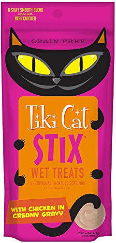 (12 Pack, 72 Stix) Tiki Pets Cat Stix Wet Treats Topper, Grain Free Lickable Smooth Blend with Chicken in Creamy Gravy with 10ct Pet Wipes