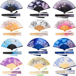 jetec 12 pieces floral folding hand fans chinese style bamboo folding fan vintage pattern hand fan handheld fabric folding fan with tassel women's hollowed bamboo hand holding fan for wedding party