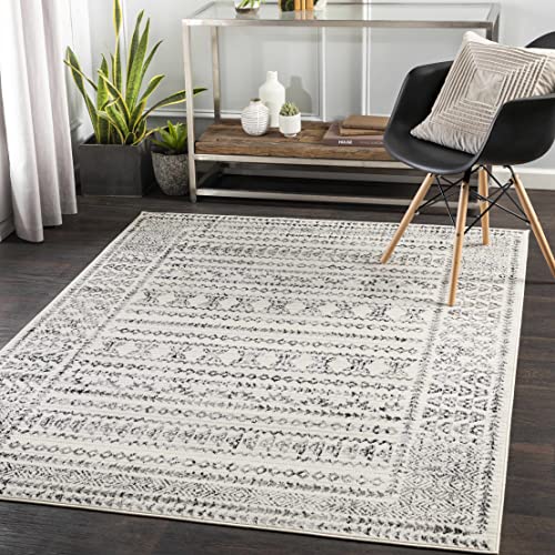 Greig Bohemian Farmhouse Living Room Bedroom Square Area Rug - Neutral Boho Carpet - Bordered - Off White, Black, Grey, Beige - 6'7" Square