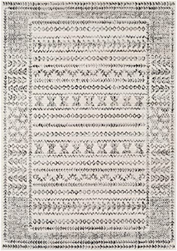 Greig Bohemian Farmhouse Living Room Bedroom Square Area Rug - Neutral Boho Carpet - Bordered - Off White, Black, Grey, Beige - 6'7" Square