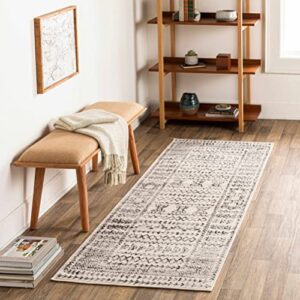 Greig Bohemian Farmhouse Living Room Bedroom Square Area Rug - Neutral Boho Carpet - Bordered - Off White, Black, Grey, Beige - 6'7" Square