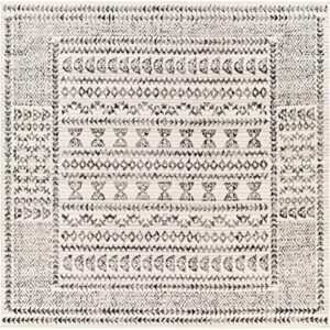 Greig Bohemian Farmhouse Living Room Bedroom Square Area Rug - Neutral Boho Carpet - Bordered - Off White, Black, Grey, Beige - 6'7" Square