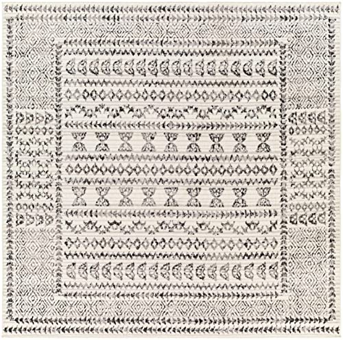 Greig Bohemian Farmhouse Living Room Bedroom Square Area Rug - Neutral Boho Carpet - Bordered - Off White, Black, Grey, Beige - 6'7" Square