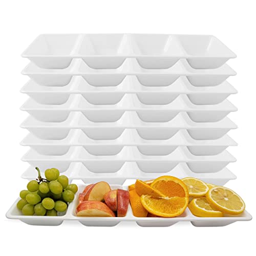 Party Bargains Disposable Sectional Rectangular Serving Tray White [8 Pack] 5 x 16 Inches. 4 Compartments Plastic Serving Tray for Weddings, Buffets, Dinner, Birthday Parties