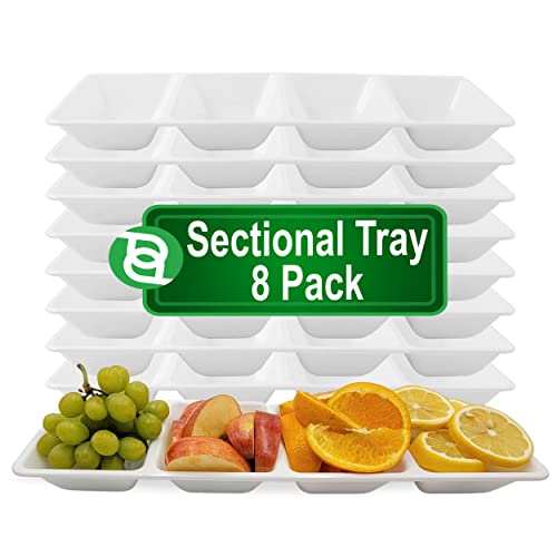 Party Bargains Disposable Sectional Rectangular Serving Tray White [8 Pack] 5 x 16 Inches. 4 Compartments Plastic Serving Tray for Weddings, Buffets, Dinner, Birthday Parties