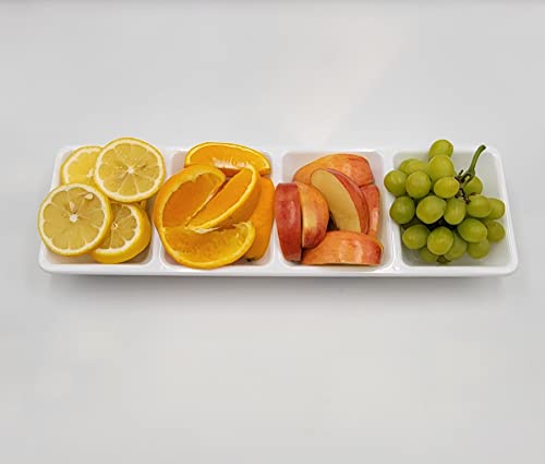 Party Bargains Disposable Sectional Rectangular Serving Tray White [8 Pack] 5 x 16 Inches. 4 Compartments Plastic Serving Tray for Weddings, Buffets, Dinner, Birthday Parties