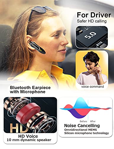 Wireless Bluetooth Earpiece V5.0 for Cell Phone, Powerful Noise Cancelling, Voice Command, Single Ear Bluetooth Headset with Microphone, Handsfree Earpiece for Trucker/Android/iPhone