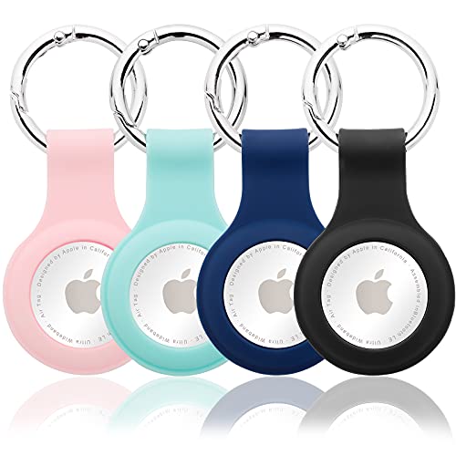 ZryXal [4 Pack] Protective Case for AirTag Phone Finder 2021, Soft Silicone Tracker Holder with Anti-Lost Keychain, Finder Items for Dogs Keys Backpacks (Pink & Mint Green & Dark Blue & Black)