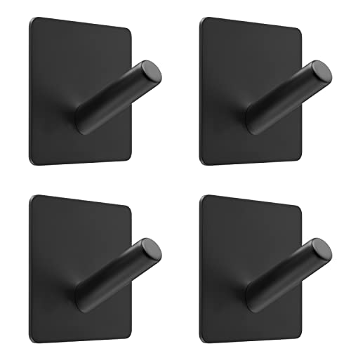 SAYONEYES Adhesive Towel Hooks for Hanging – Matte Black SUS304 Stainless Steel Waterproof Wall Hooks with Strong Adhesive Tapes – 3M Hooks for Bathroom, Bedroom, Kitchen – 4 Pack