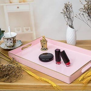 MAONAME Pink Serving Tray with Handles, Modern Decorative Tray for Coffee Table, Plastic Rectangular Tray for Ottoman, Bathroom, Decor, 15.75” x 10.2” x1.57