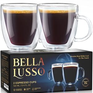 Glass Espresso Cups - Double Wall Insulated Coffee Mugs - Designed in USA - 2 Pack, 5 oz - Set for Cappuccino,Latte,Tea,Shots - Borosilicate Glassware - Dishwasher,Microwave Safe - Premium Gift Box