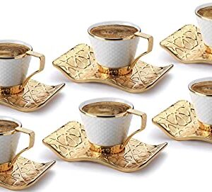 DEMMEX Stunning Espresso Turkish Coffee Cups with Metal Holders and Saucers Set for 6, 2.6 Ounces (White - Gold)