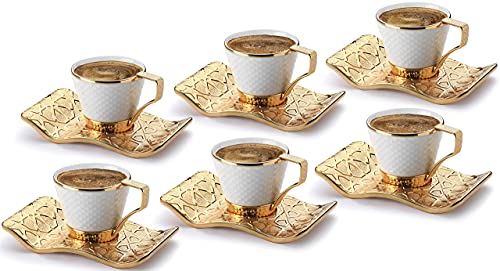 DEMMEX Stunning Espresso Turkish Coffee Cups with Metal Holders and Saucers Set for 6, 2.6 Ounces (White - Gold)