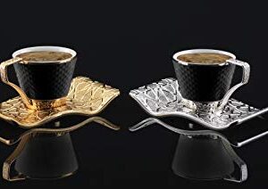 DEMMEX Stunning Espresso Turkish Coffee Cups with Metal Holders and Saucers Set for 6, 2.6 Ounces (White - Gold)