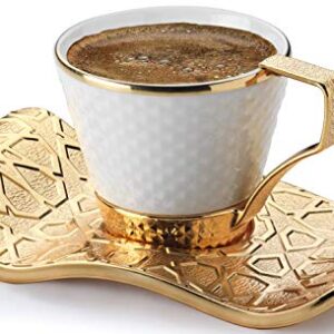 DEMMEX Stunning Espresso Turkish Coffee Cups with Metal Holders and Saucers Set for 6, 2.6 Ounces (White - Gold)