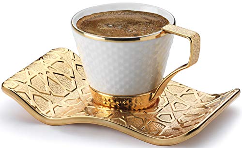 DEMMEX Stunning Espresso Turkish Coffee Cups with Metal Holders and Saucers Set for 6, 2.6 Ounces (White - Gold)