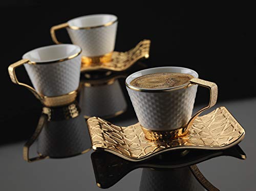 DEMMEX Stunning Espresso Turkish Coffee Cups with Metal Holders and Saucers Set for 6, 2.6 Ounces (White - Gold)