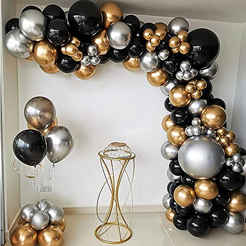 111PCS Black Gold and Silver Balloon Garland Arch Kit Metallic Black Metallic Gold Chrome Silver Latex Balloons Set for Birthday Graduation Bachelorette Wedding New Year Party Decoration