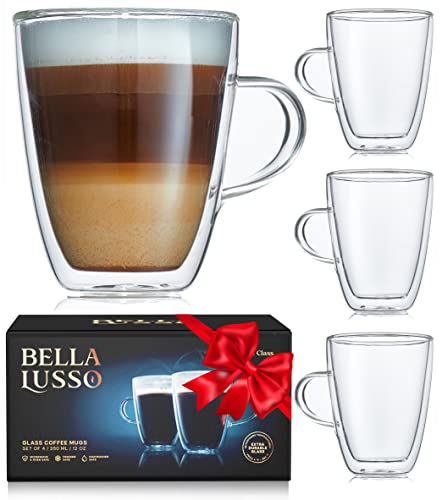 Glass Coffee Mugs 12 oz - Double Wall Insulated Cups - Large Glasses Set of 4 - Premium Gift Box - Tea,Latte,Cappuccino,Espresso on Saucer - Designed in USA Borosilicate Glassware - Dishwasher Safe…