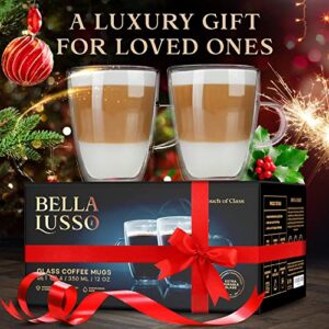 Glass Coffee Mugs 12 oz - Double Wall Insulated Cups - Large Glasses Set of 4 - Premium Gift Box - Tea,Latte,Cappuccino,Espresso on Saucer - Designed in USA Borosilicate Glassware - Dishwasher Safe…