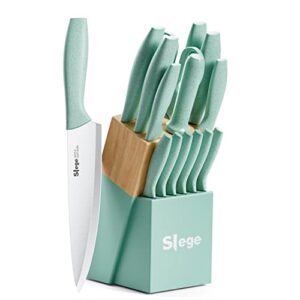 slege 15pcs kitchen knife set with block, sharpener and scissor, stainless steel knives with extre-light straw handle