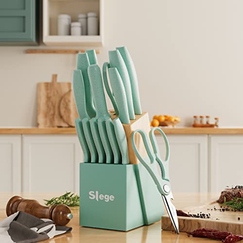 Slege 15pcs Kitchen Knife Set with Block, Sharpener and Scissor, Stainless Steel Knives with Extre-light Straw Handle