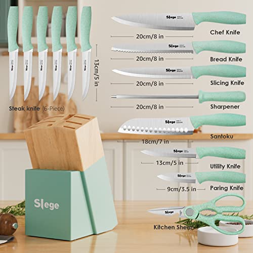 Slege 15pcs Kitchen Knife Set with Block, Sharpener and Scissor, Stainless Steel Knives with Extre-light Straw Handle