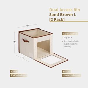 Foldable Clothes Storage Bag Organizer Dual Access Magnetic Bins Strong Handle Quality Fabric for Collapsible Closet Boxes Under the Bed Linen Bedding Blankets 2 Pack (Sand Brown, Large)