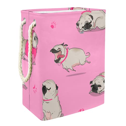 Inhomer Laundry Hamper Playing Pug Dog Funny Pink Collapsible Laundry Baskets Firm Washing Bin Clothes Storage Organization for Bathroom Bedroom Dorm