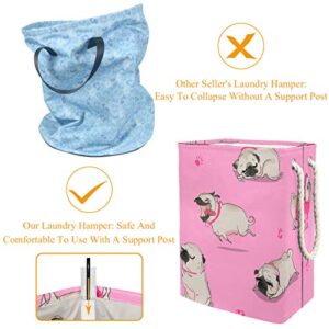 Inhomer Laundry Hamper Playing Pug Dog Funny Pink Collapsible Laundry Baskets Firm Washing Bin Clothes Storage Organization for Bathroom Bedroom Dorm