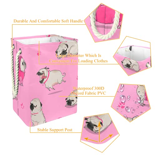 Inhomer Laundry Hamper Playing Pug Dog Funny Pink Collapsible Laundry Baskets Firm Washing Bin Clothes Storage Organization for Bathroom Bedroom Dorm