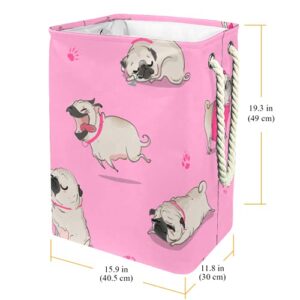 Inhomer Laundry Hamper Playing Pug Dog Funny Pink Collapsible Laundry Baskets Firm Washing Bin Clothes Storage Organization for Bathroom Bedroom Dorm